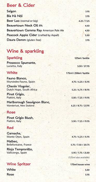 Menu at Pho restaurant, London, 15 Upper Cheapside Passage