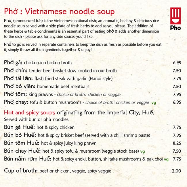 Menu at Pho restaurant, London, 15 Upper Cheapside Passage