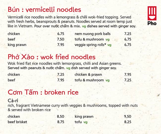 Menu at Pho restaurant, London, 1st Floor