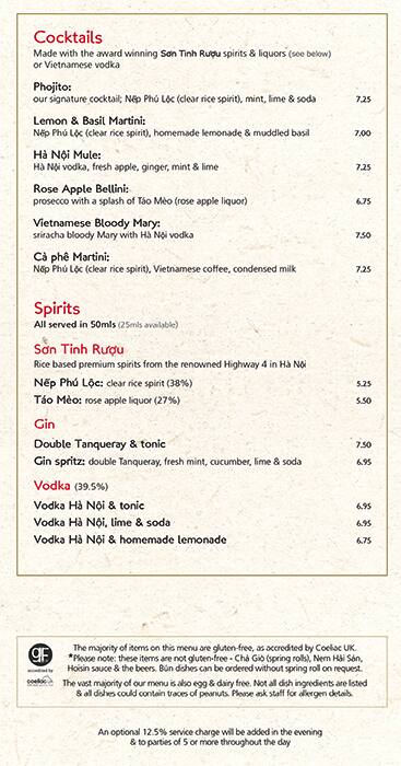 Menu at Pho restaurant, London, 15 Upper Cheapside Passage