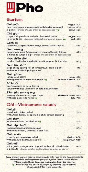 Menu at Pho restaurant, London, 15 Upper Cheapside Passage