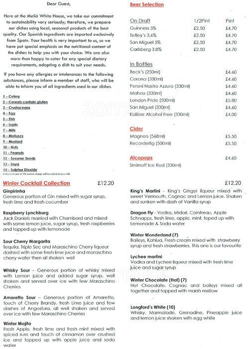 Menu at Longford's Bar, London, Regents Park Albany Street