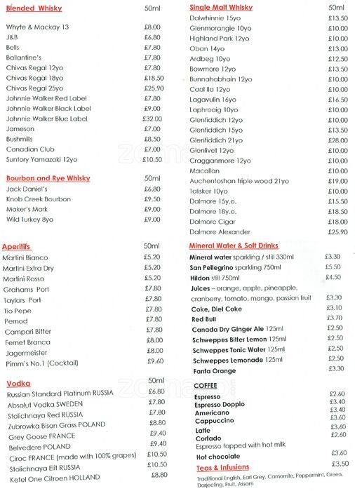 Menu at Longford's Bar, London, Regents Park Albany Street