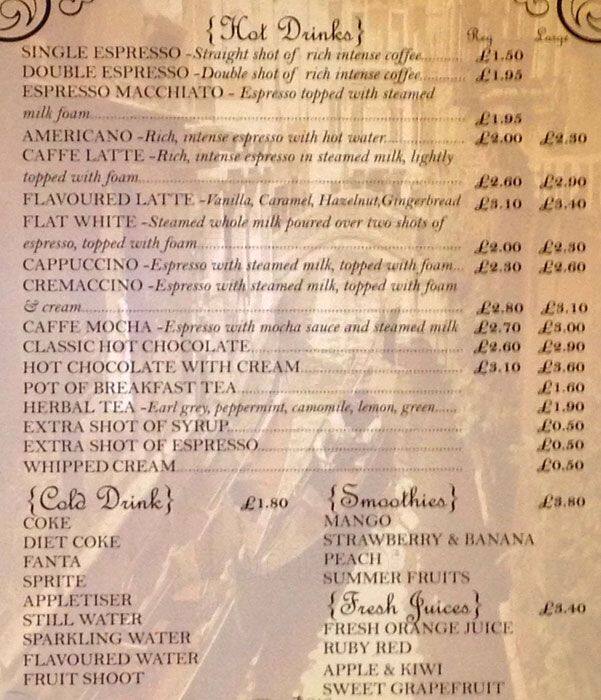 Menu at Bella Venezia cafe, Dartford