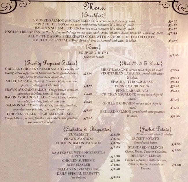 Menu at Bella Venezia cafe, Dartford