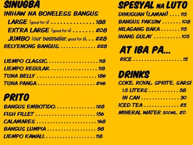 Pixie's Sinugba Menu, Menu for Pixie's Sinugba, Sikatuna Village ...