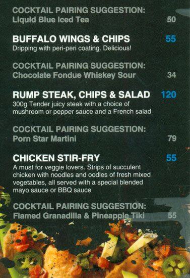 Menu at Liquid Blue club, Johannesburg