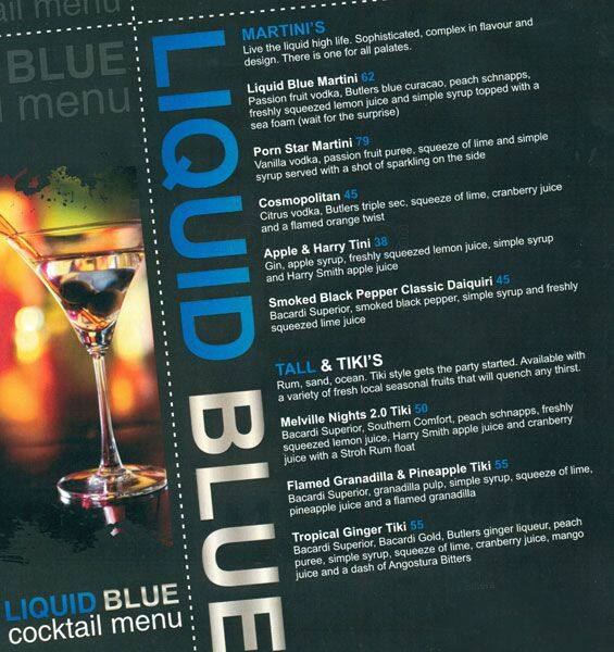 Menu at Liquid Blue club, Johannesburg