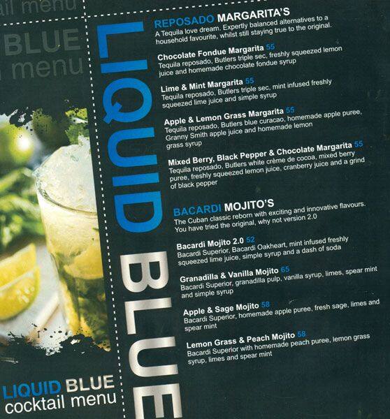 Menu at Liquid Blue club, Johannesburg