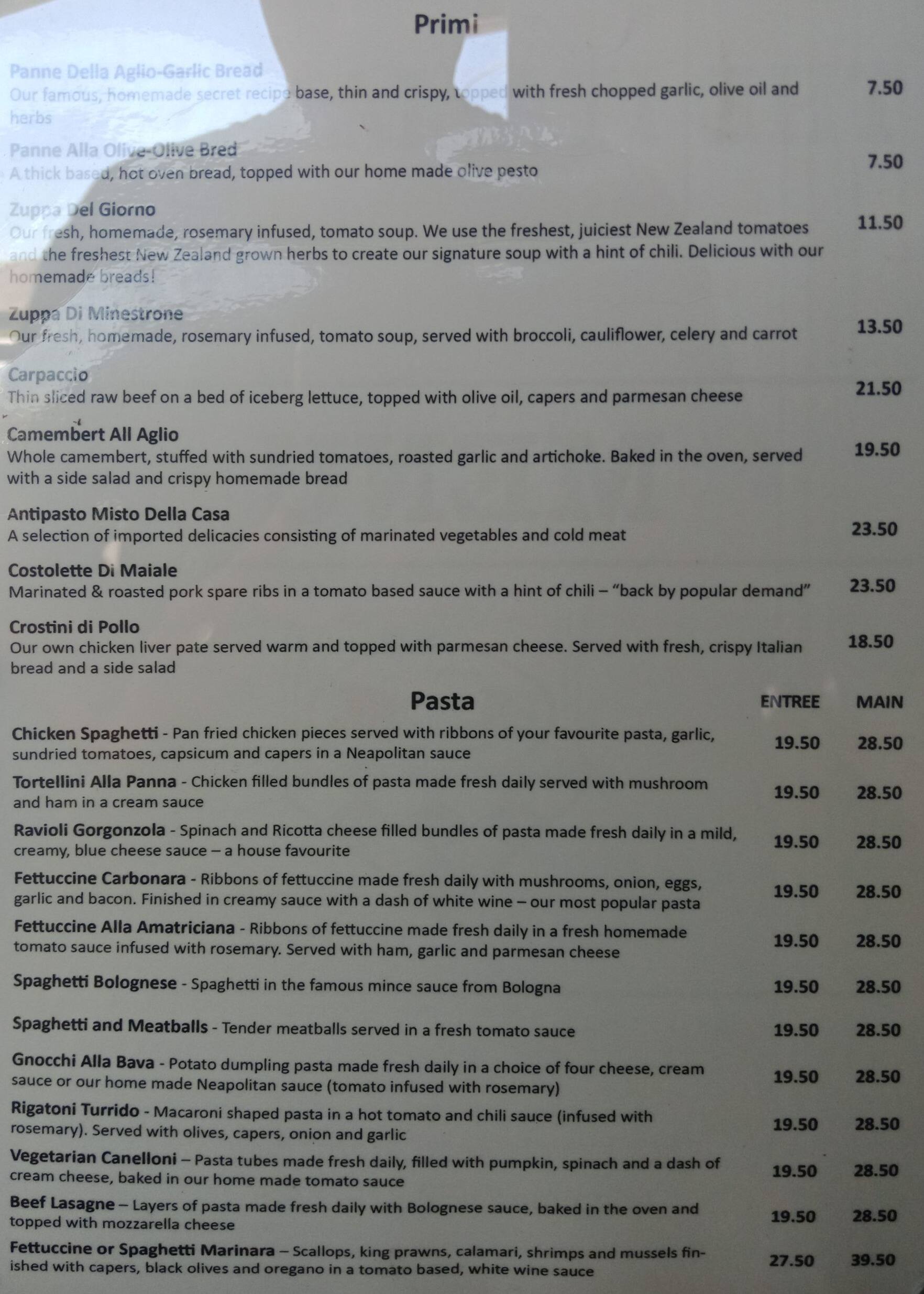 Menu at The Italian Job Restaurant, Auckland