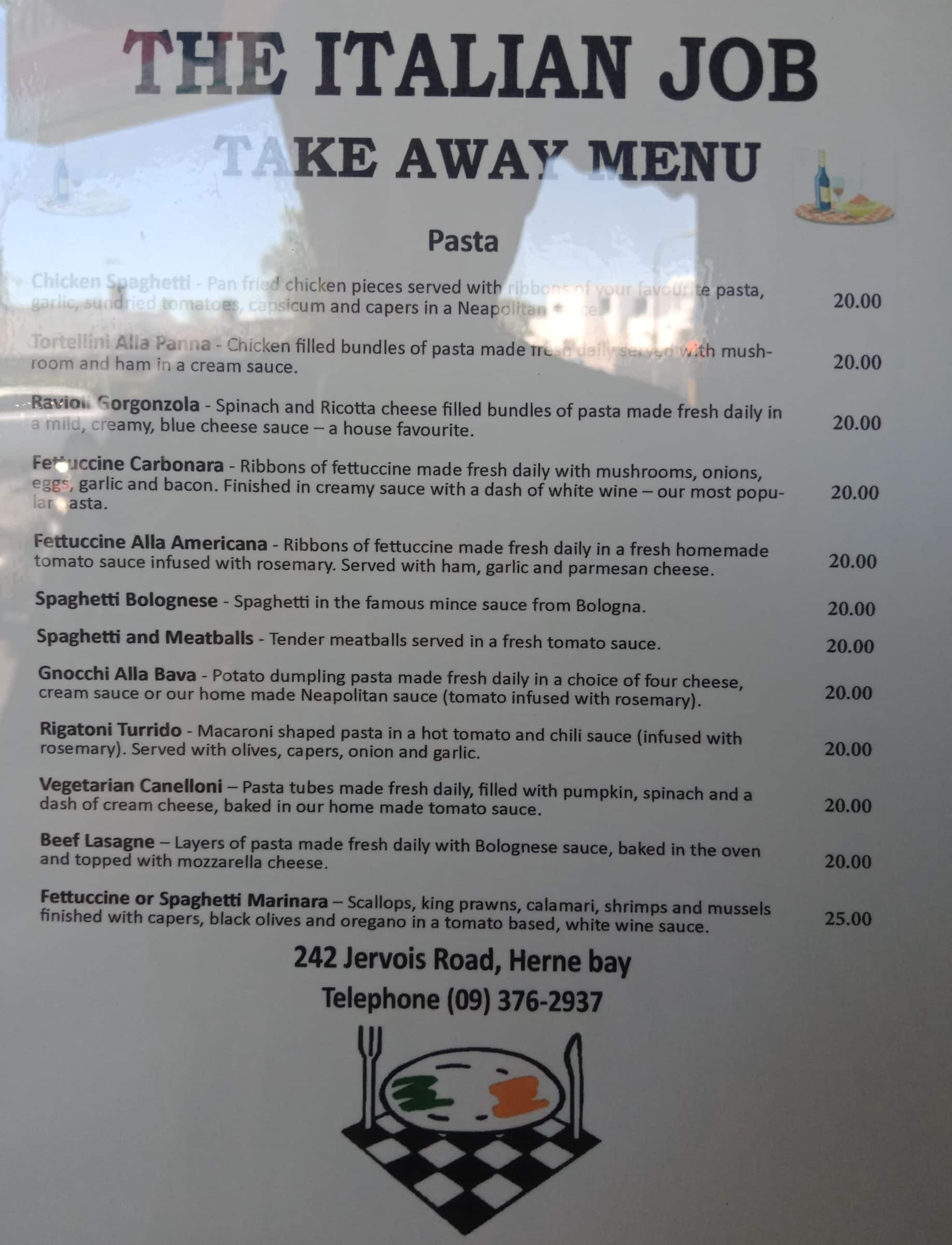 Menu at The Italian Job Restaurant, Auckland