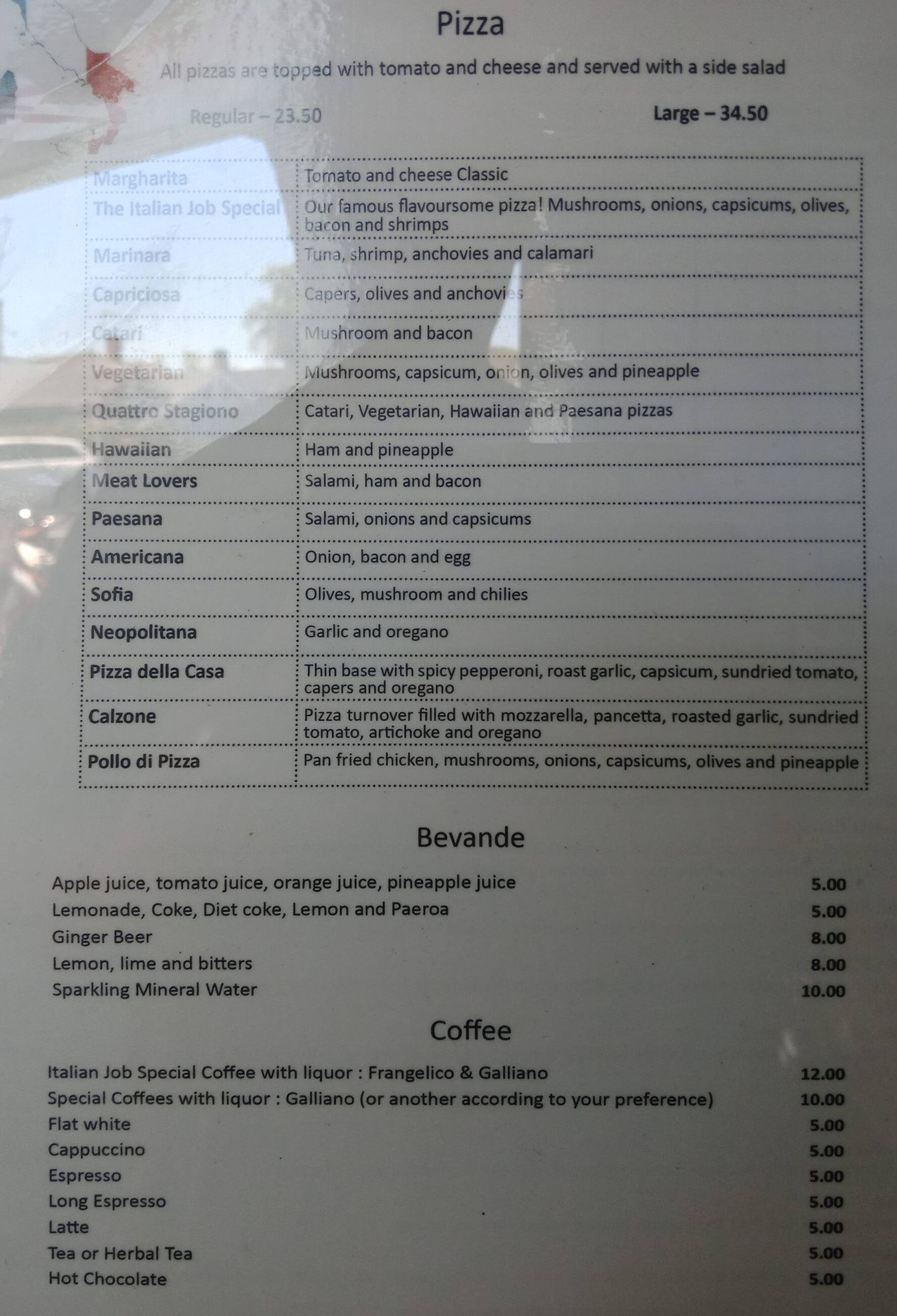 Menu at The Italian Job Restaurant, Auckland