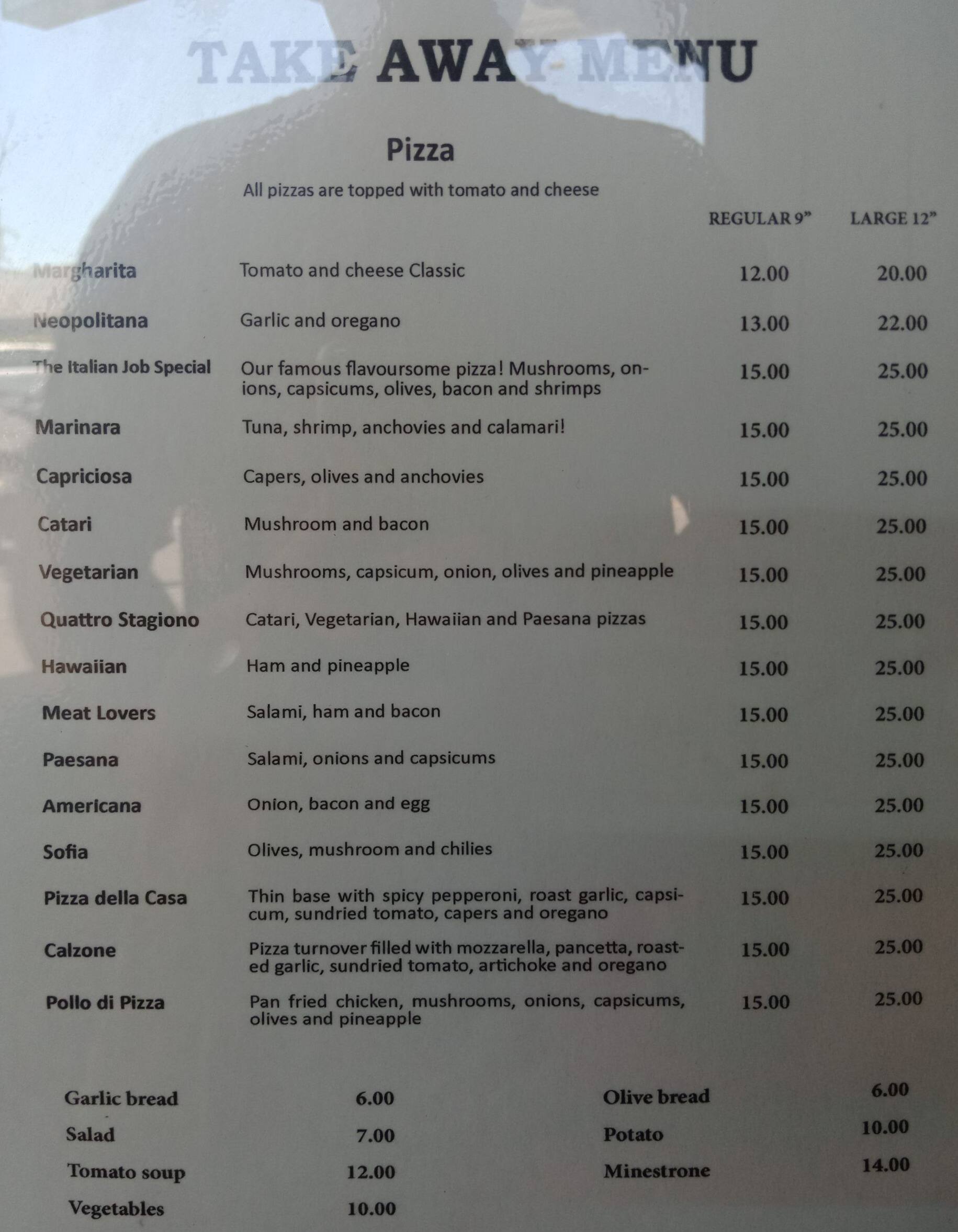 Menu at The Italian Job Restaurant, Auckland