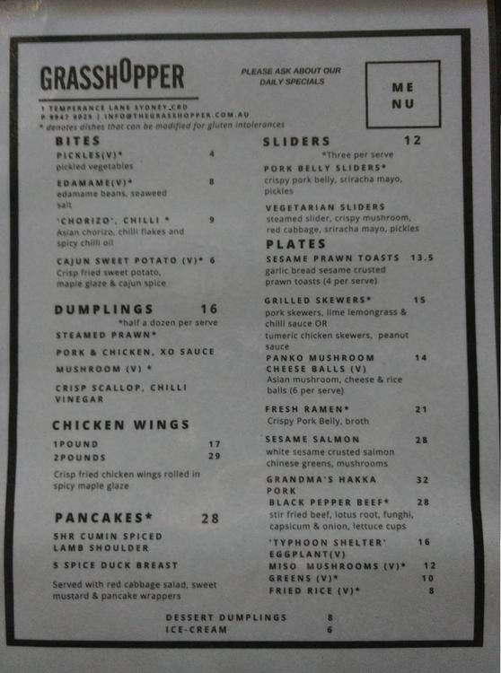 Menu at Grasshopper Eating House and Bar, Sydney