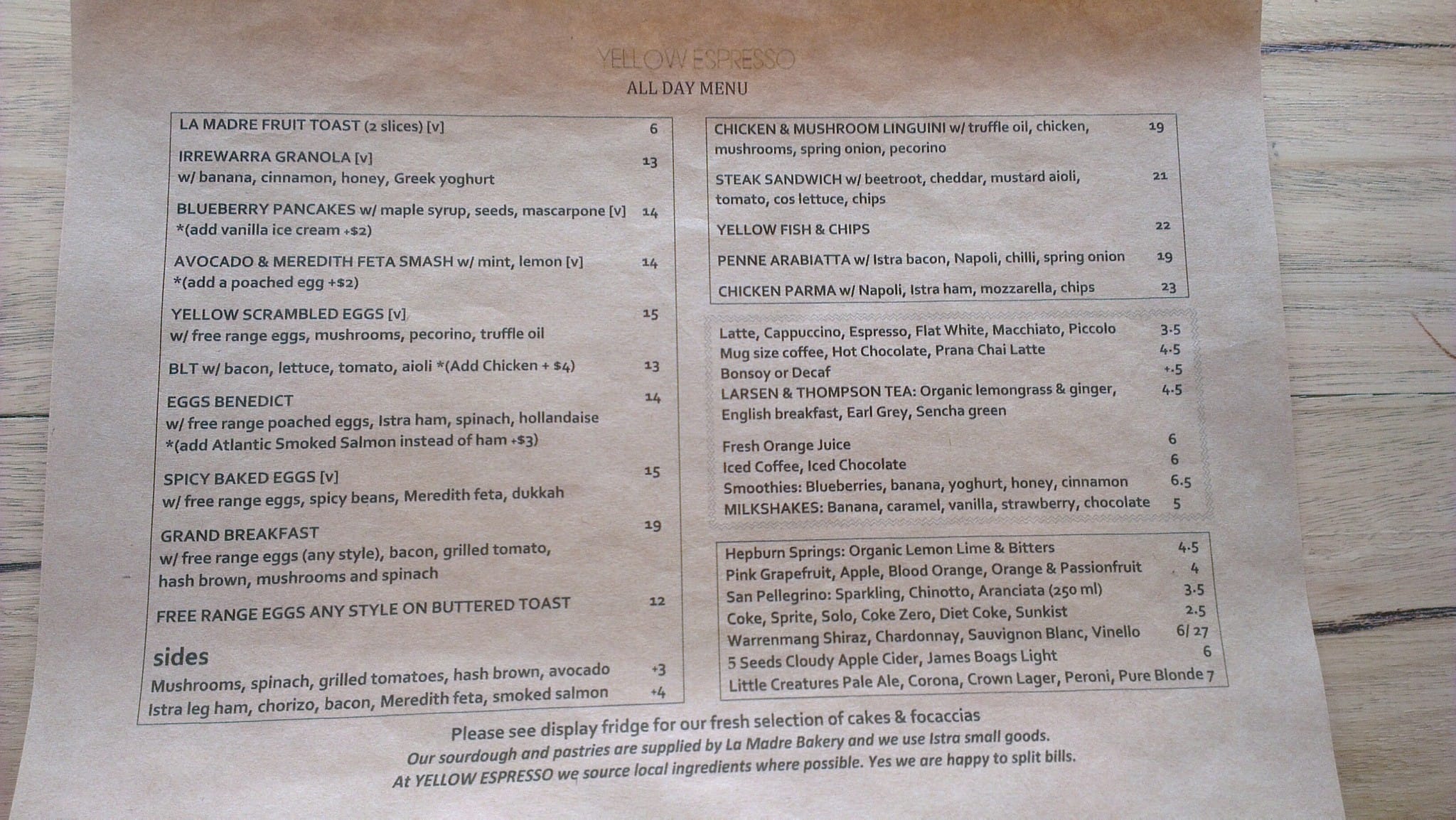 Menu at Yellow Espresso restaurant, Ballarat Central