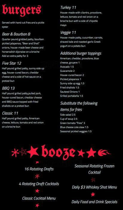 Menu at Five Star Bar, Chicago