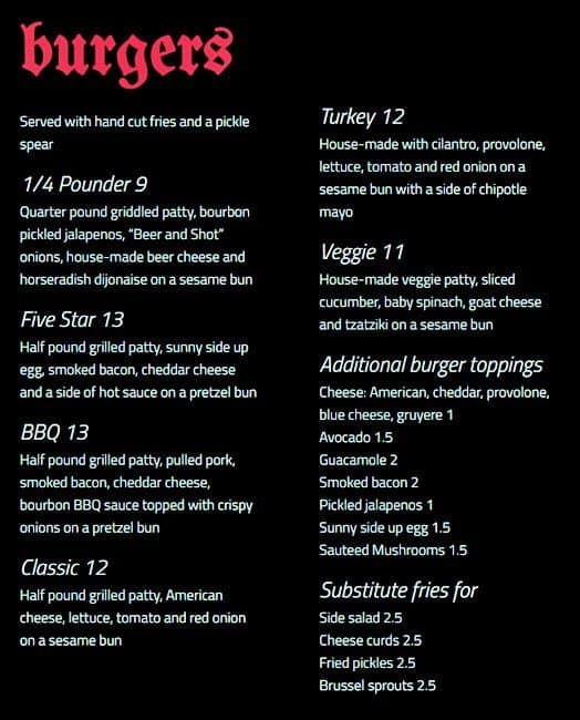 Menu at Five Star Bar, Chicago