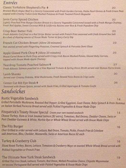 Menu at The Fitz pub & bar, New York City, 687 Lexington Ave