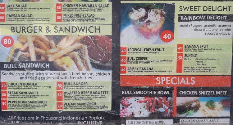 Menu at Bull Bar, Mengwi