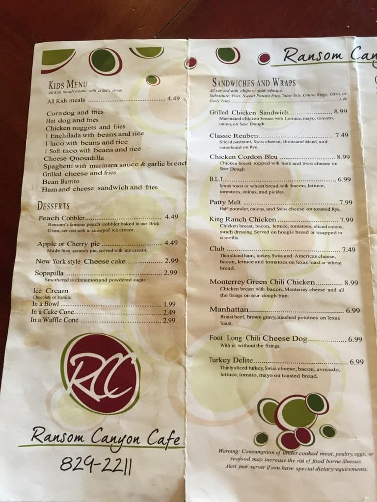 Menu at Canyon Cafe, Ransom Canyon