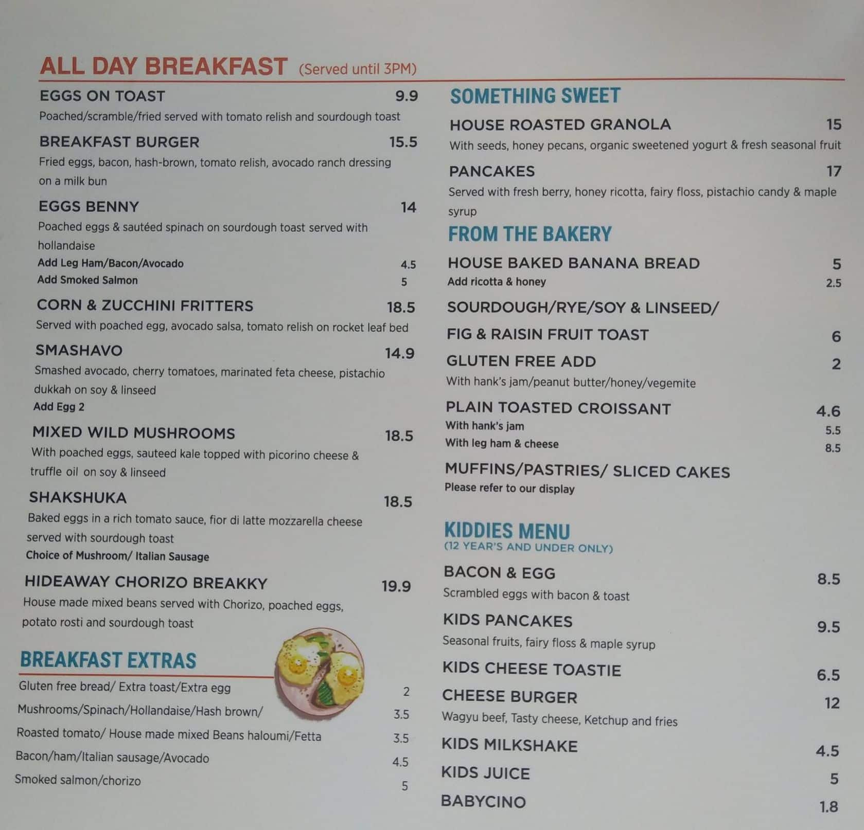 Menu at Hideaway Eatery cafe, Marrickville