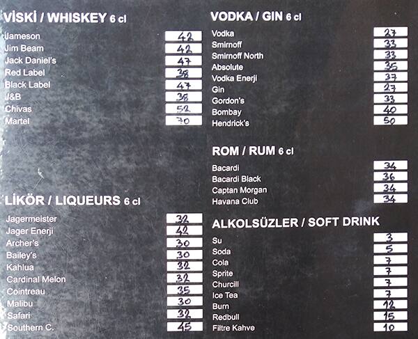 Menu at Bar Rasputin, Istanbul, Bar Rasputin
