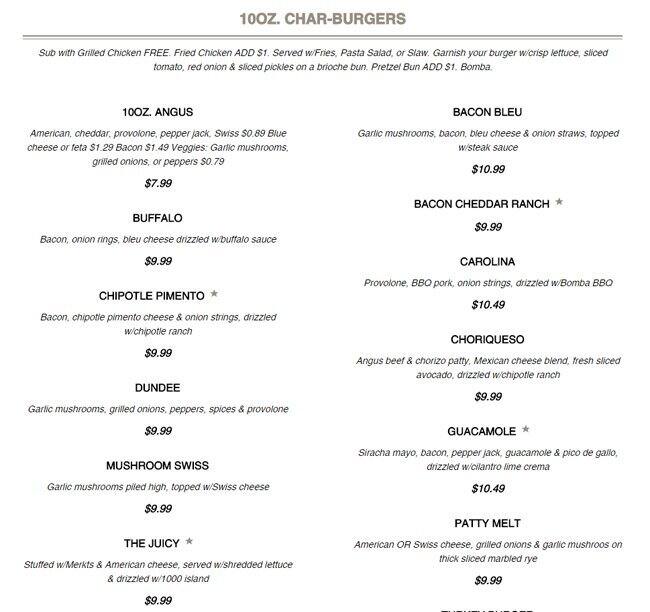 Menu at Bomba Grill restaurant, East Dundee