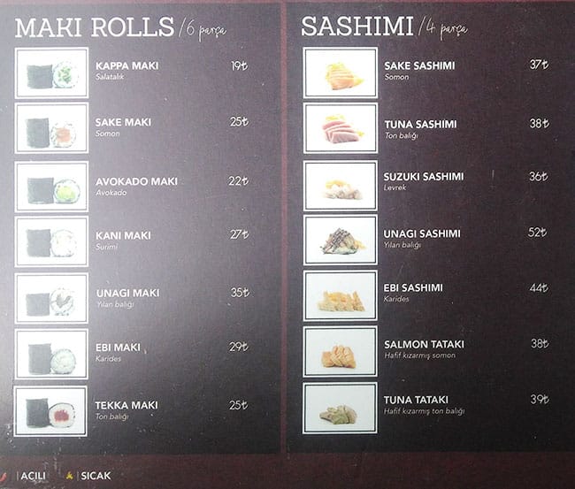 Menu at Beyond Akaretler, Istanbul