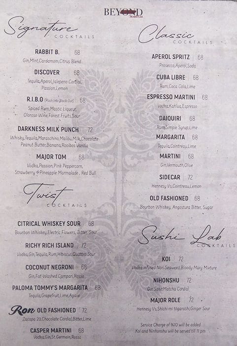 Menu at Beyond Akaretler, Istanbul