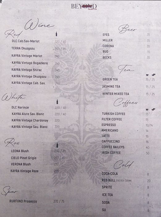 Menu at Beyond Akaretler, Istanbul