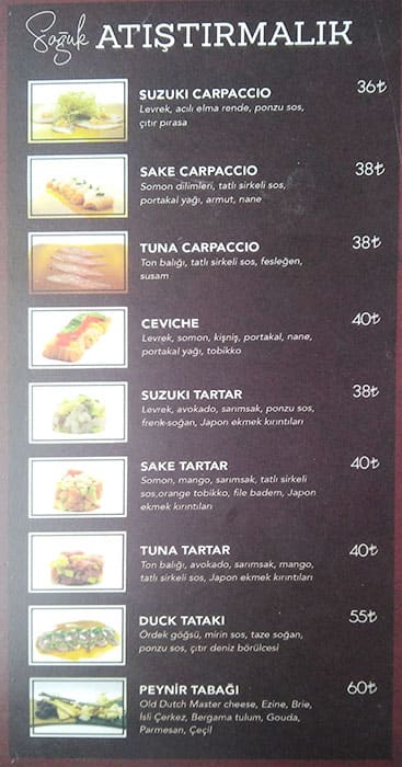 Menu at Beyond Akaretler, Istanbul