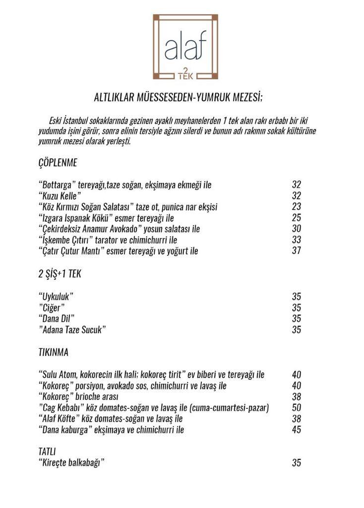Menu at Alaf 2tek, Istanbul