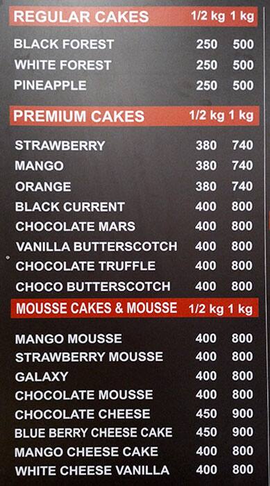 Menu of Surya Pastries, Jakkur, Bangalore