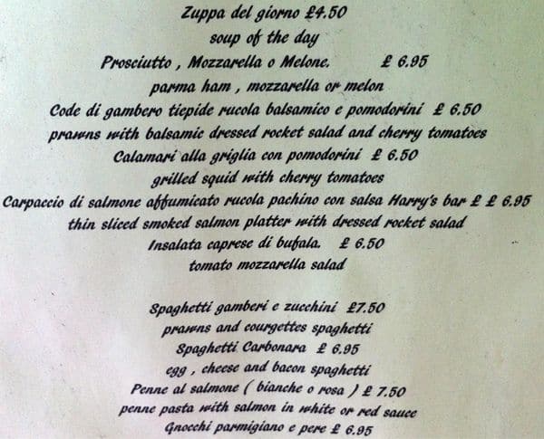 Menu at Adrian's Restaurant, London