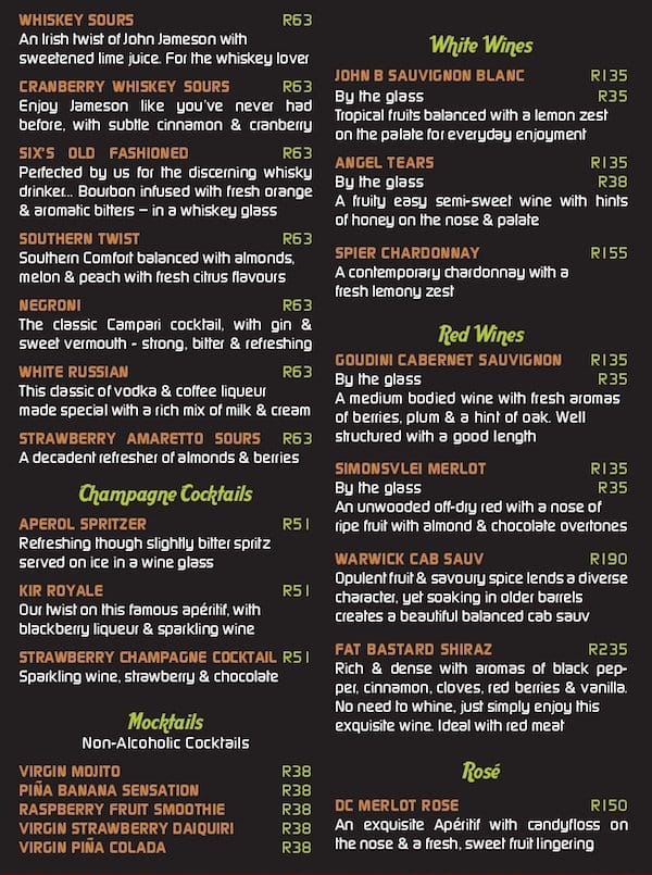 Menu at Six pub & bar, Johannesburg