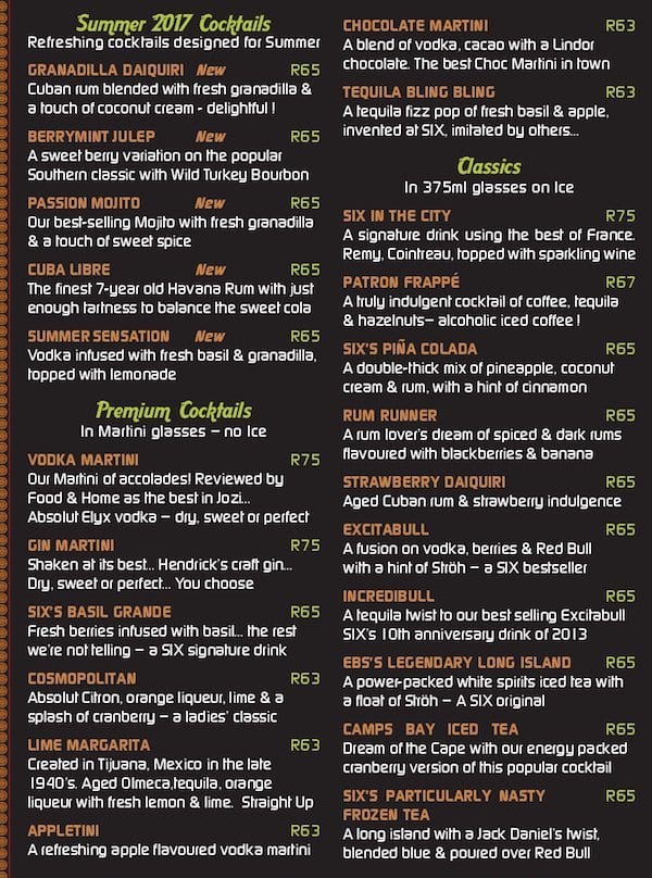 Menu at Six pub & bar, Johannesburg