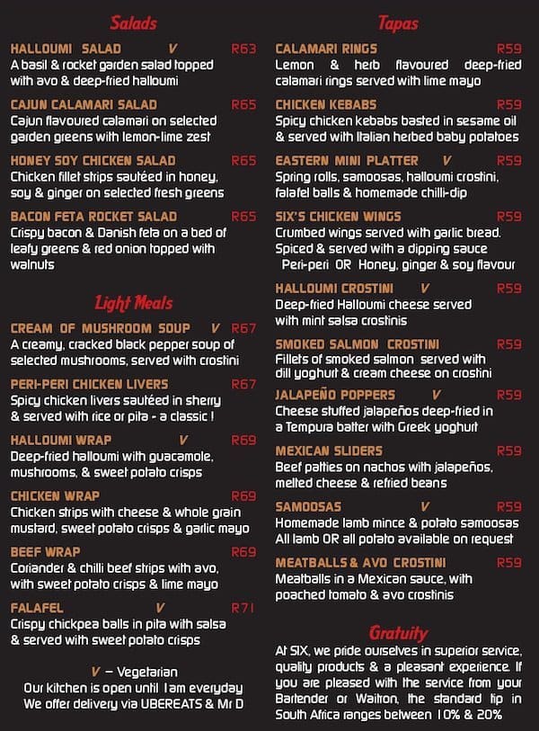 Menu at Six pub & bar, Johannesburg