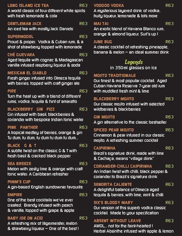 Menu at Six pub & bar, Johannesburg