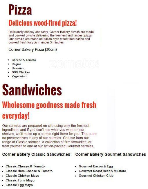 Menu at Corner Bakery, Boksburg, 178 Trichardt Road