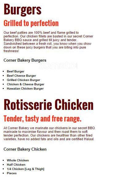 Menu at Corner Bakery, Boksburg, 178 Trichardt Road