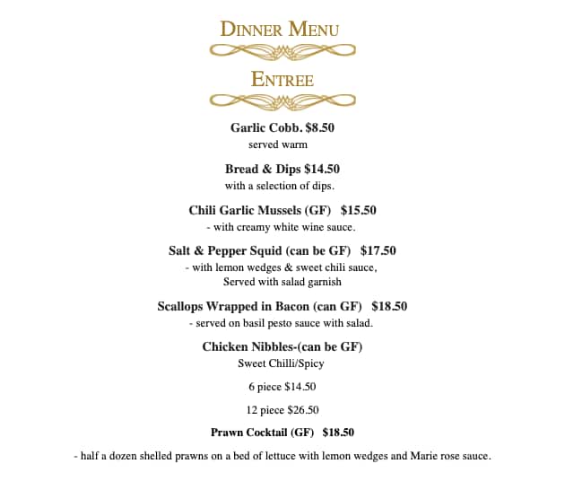 Menu at Kentish Hotel cafe, Waiuku