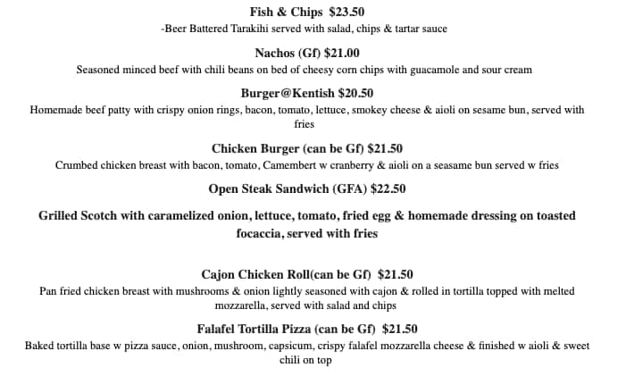 Menu at Kentish Hotel cafe, Waiuku