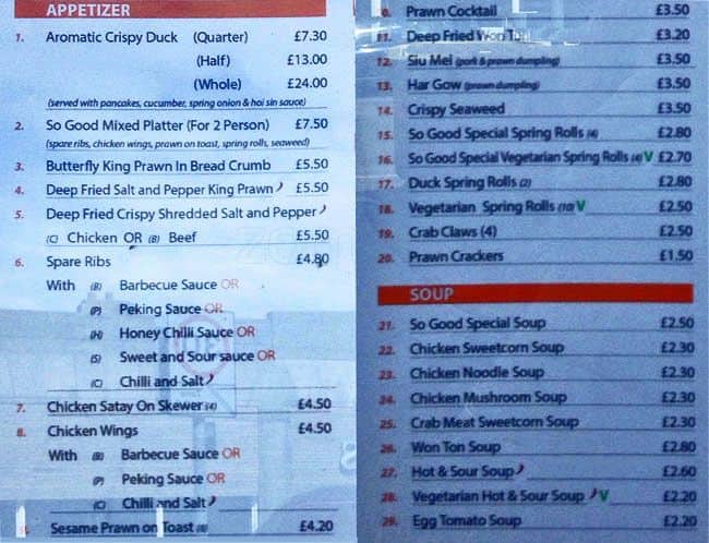 Menu at So Good fast food, Edinburgh