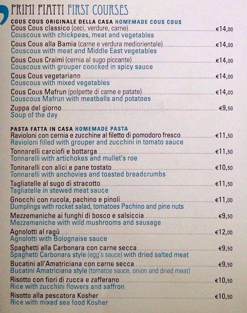 Menu at Taverna del Ghetto restaurant, Rome