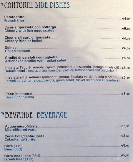 Menu at Taverna del Ghetto restaurant, Rome