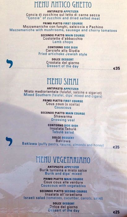 Menu at Taverna del Ghetto restaurant, Rome