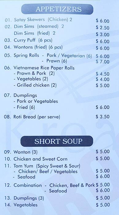 Menu at Kreate Noodle Bar, Templestowe Lower