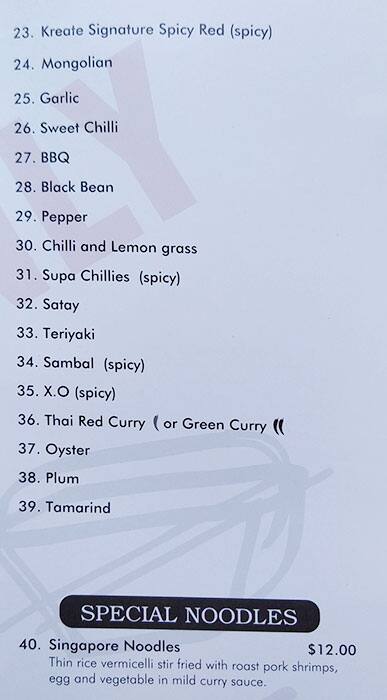 Menu at Kreate Noodle Bar, Templestowe Lower