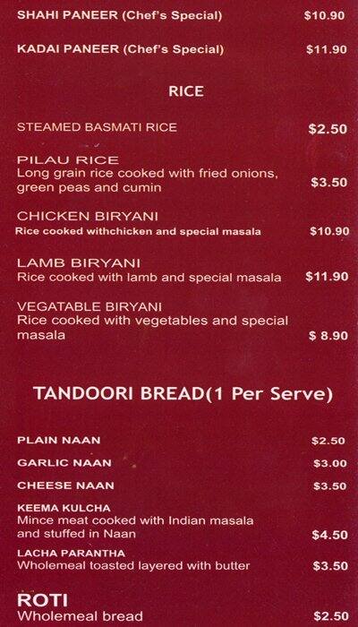 Menu at New India Restaurant, Adelaide