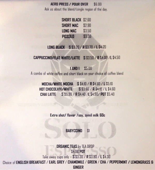 Menu at Solo Espresso cafe, Brisbane Airport